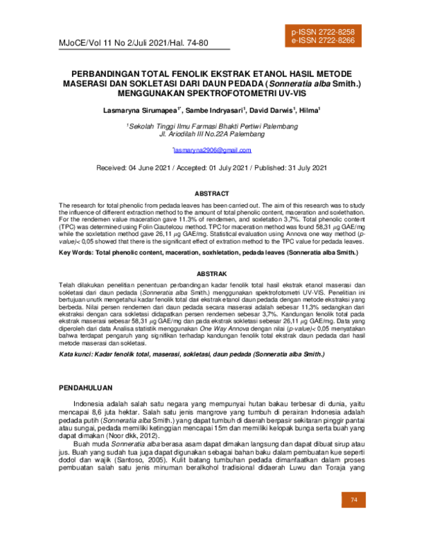 (PDF) PERBANIDNGAN TOTAL FENOLIK EKSTRAK ETANOL HASIL METODE MASERASI ...