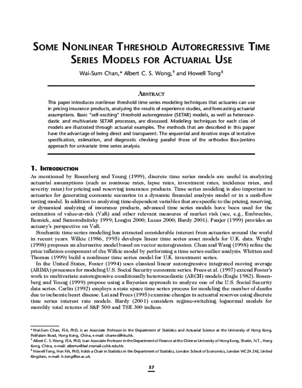 (PDF) Some Nonlinear Threshold Autoregressive Time Series Models for Actuarial Use