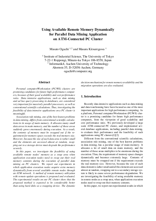 Pdf Using Available Remote Memory Dynamically For Parallel Data Mining Application On Atm