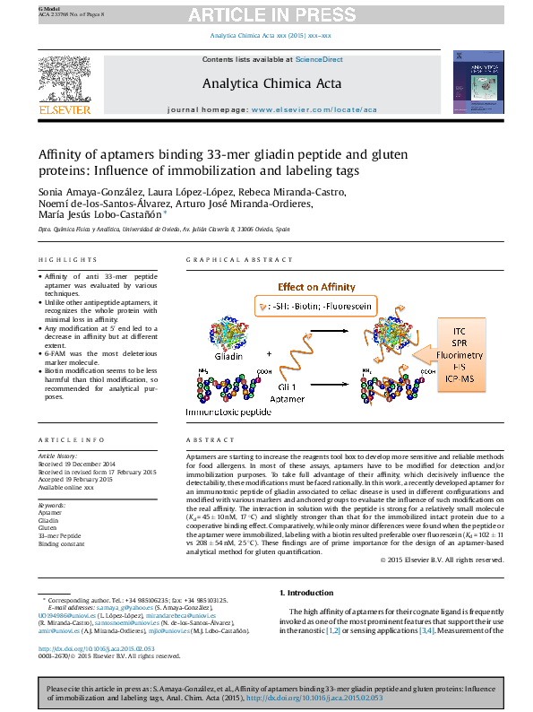 (PDF) Affinity of aptamers binding 33-mer gliadin peptide and gluten ...