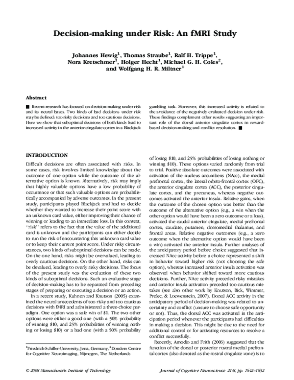 (PDF) Decision-making under Risk: An fMRI Study