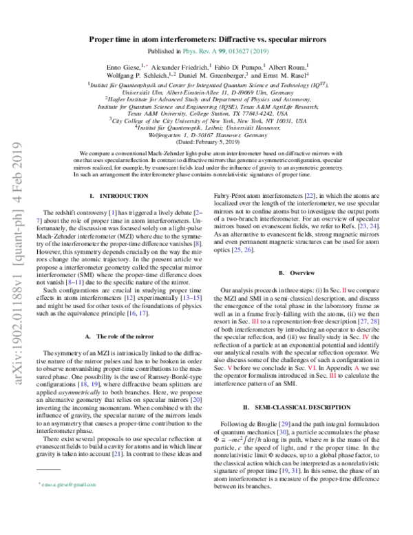 (PDF) Proper time in atom interferometers: Diffractive versus specular mirrors