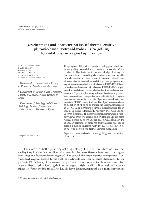 (PDF) Development and characterization of thermosensitive pluronic-based metronidazole in situ ...