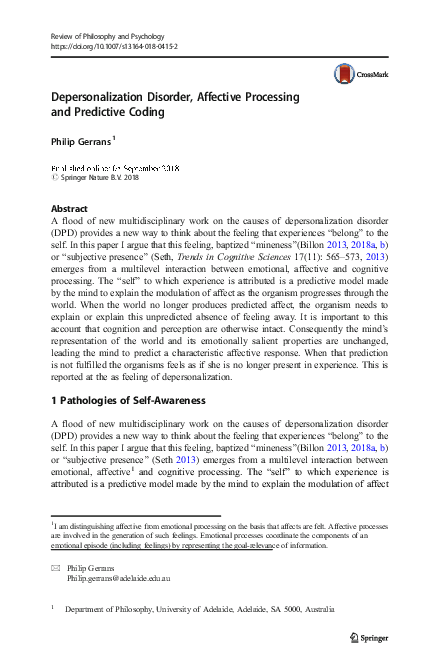(PDF) Depersonalization Disorder, Affective Processing and Predictive ...