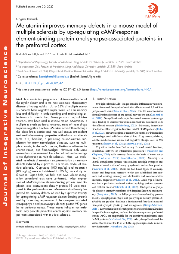 (PDF) Melatonin improves memory defects in a mouse model of multiple sclerosis by up-regulating ...