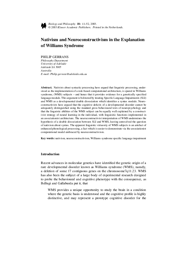 (PDF) Nativism and Neuroconstructivism in the Explanation of Williams ...