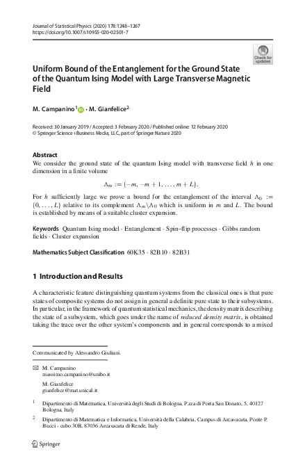 (PDF) Uniform Bound of the Entanglement for the Ground State of the Quantum Ising Model with ...