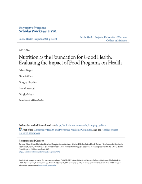 (PDF) Nutrition as the Foundation for Good Health: Evaluating the ...