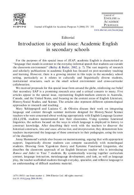 (PDF) Introduction to special issue: Academic English in secondary schools