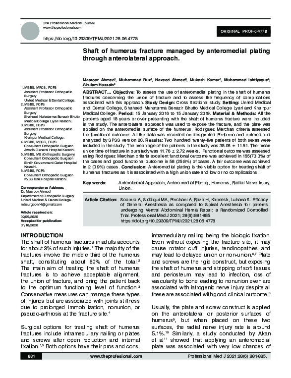 (PDF) Shaft of humerus fracture managed by anteromedial plating through ...