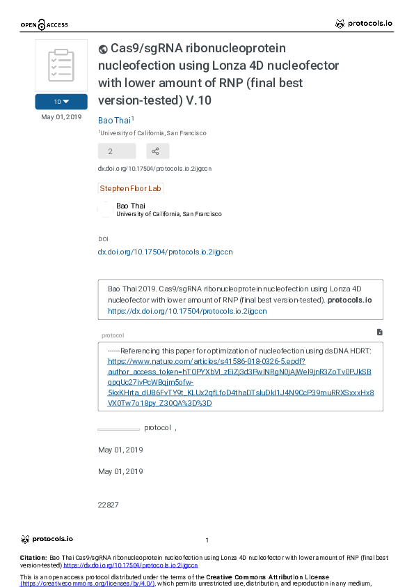 (PDF) Cas9/sgRNA ribonucleoprotein nucleofection using Lonza 4D ...