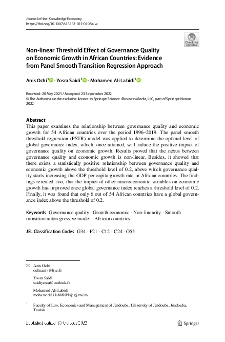 (PDF) Non-linear Threshold Effect of Governance Quality on Economic Growth in African Countries ...