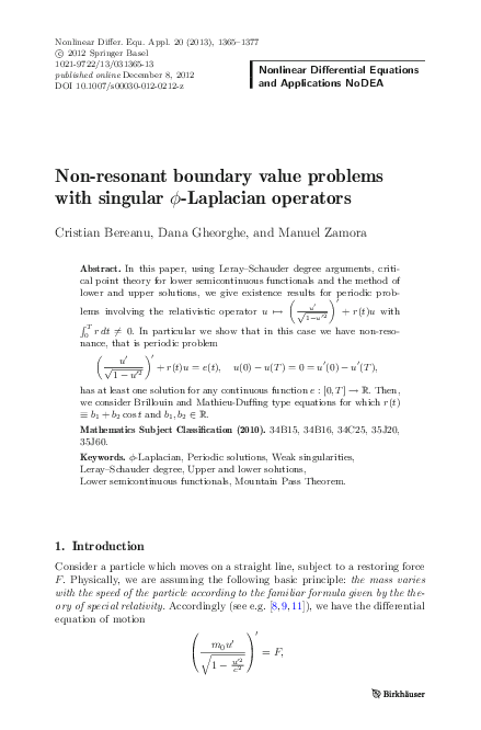 (PDF) Non-resonant boundary value problems with singular $${\phi}$$ -Laplacian operators
