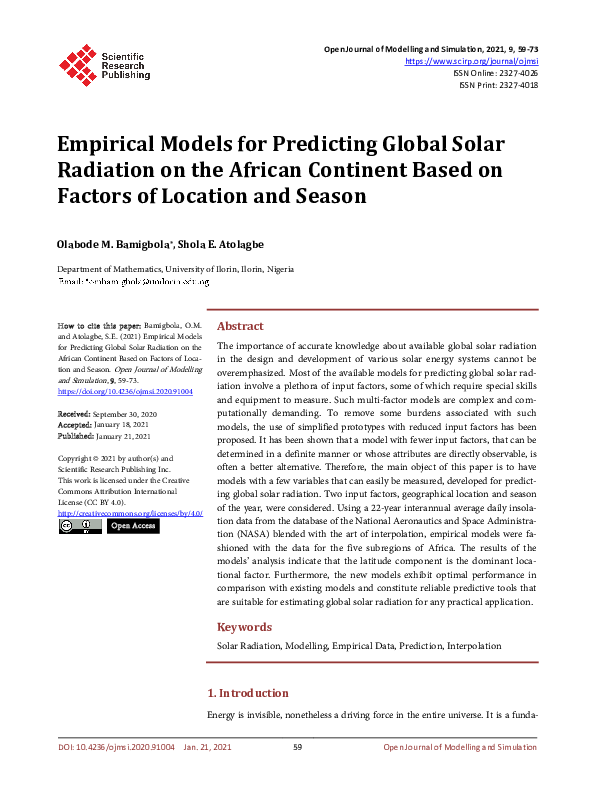 (PDF) Empirical Models for Predicting Global Solar Radiation on the African Continent Based on ...