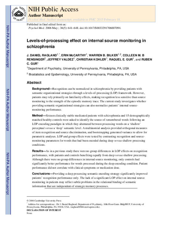 (PDF) Levels-of-processing effect on internal source monitoring in schizophrenia