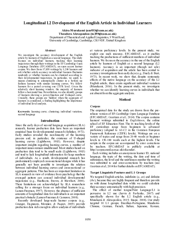 (PDF) Longitudinal L2 Development of the English Article in Individual ...
