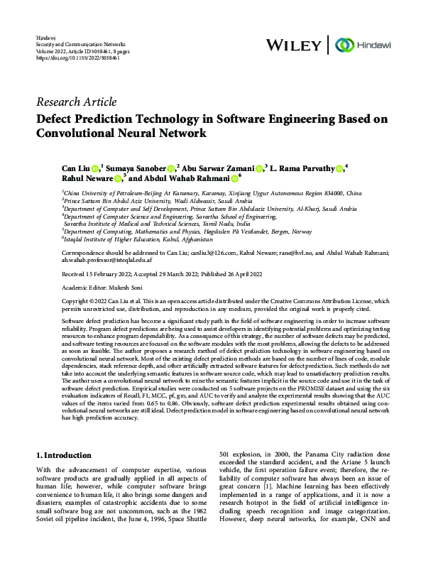 (PDF) Defect Prediction in Software Engineering via CNN Technology