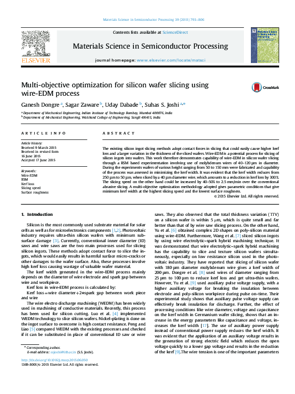 Pdf Multi Objective Optimization For Silicon Wafer Slicing Using Wire Edm Process Ganesh 9701