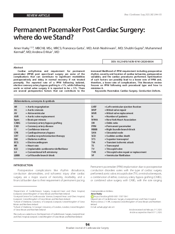 (PDF) Permanent Pacemaker Post Cardiac Surgery: where do we Stand?