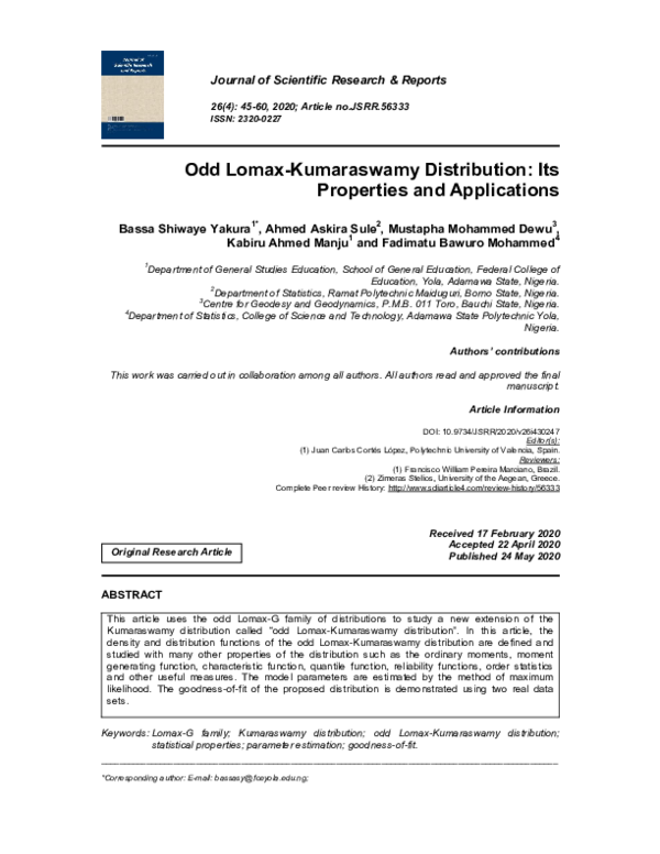(PDF) Odd Lomax-Kumaraswamy Distribution: Its Properties and Applications