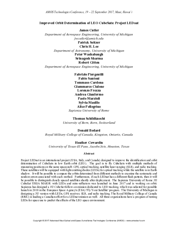 Pdf Improved Orbit Determination Of Leo Cubesats Project Ledsat