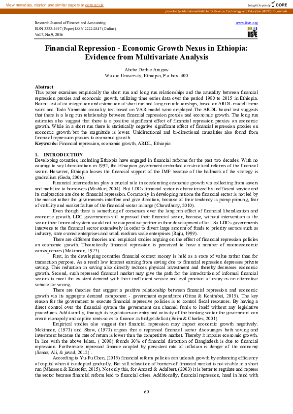 (PDF) Financial Repression - Economic Growth Nexus in Ethiopia: Evidence from Multivariate Analysis