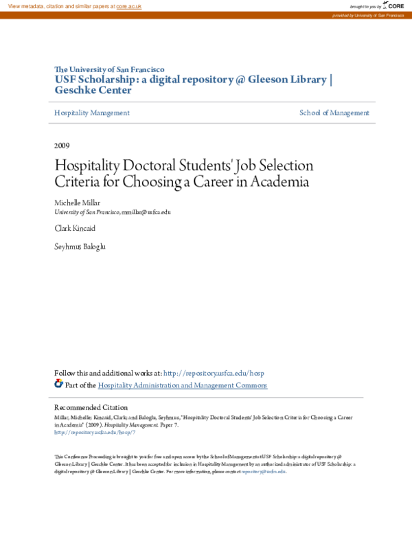 (PDF) Hospitality Doctoral Students\u27 Job Selection Criteria for ...