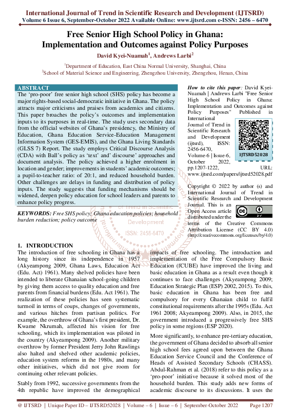 (PDF) Free Senior High School Policy in Ghana: Implementation and ...