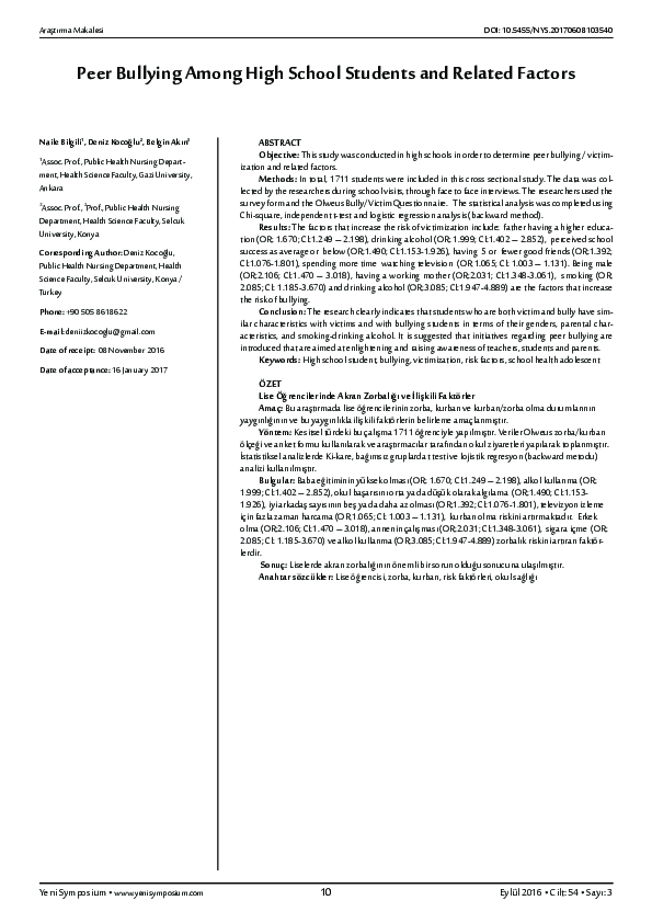 (PDF) Peer Bullying Among High School Students and Related Factors