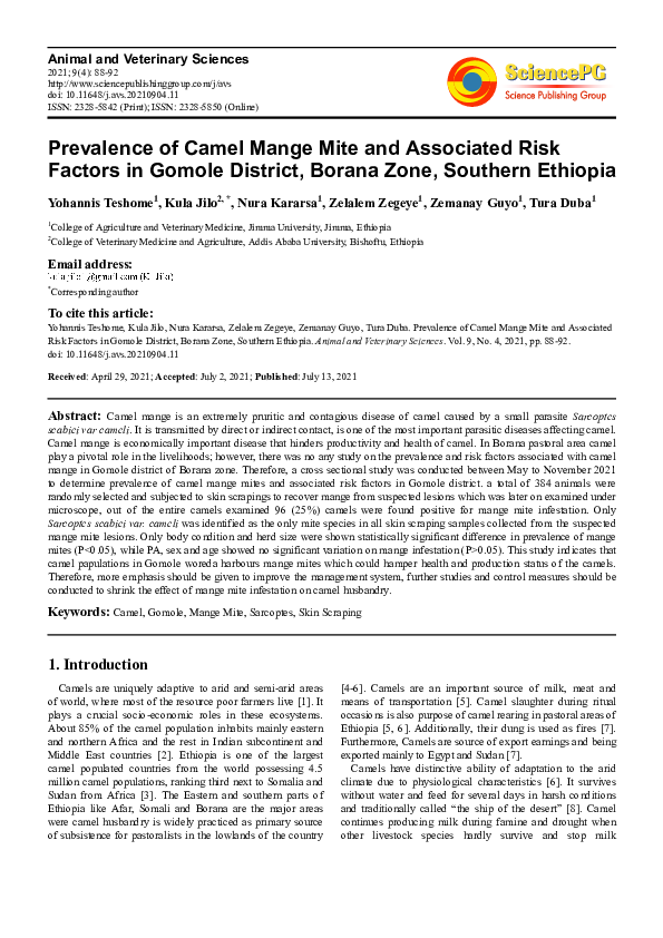 (PDF) Prevalence of Camel Mange Mite and Associated Risk Factors in ...