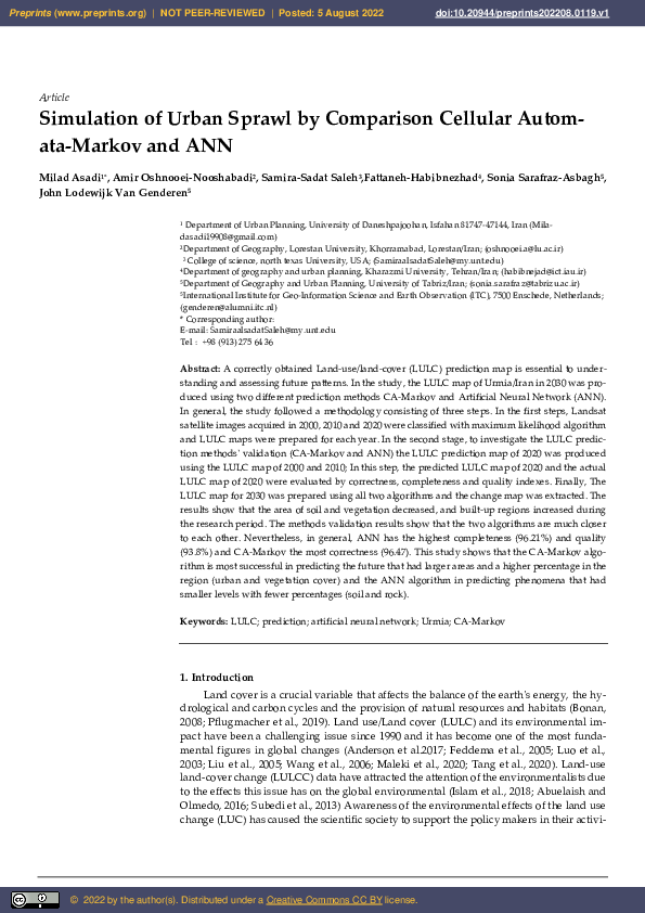 Pdf Simulation Of Urban Sprawl By Comparison Cellular Automata Markov And Ann