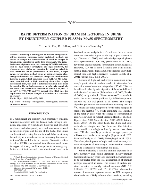 (PDF) Rapid Determination of Uranium Isotopes in Urine by Inductively Coupled Plasma-Mass ...