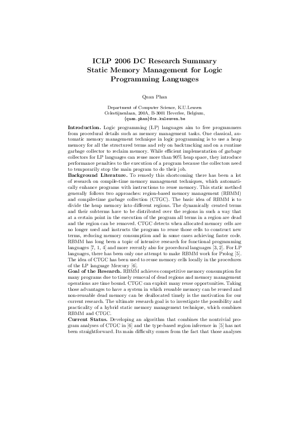 (PDF) Static Memory Management for Logic Programming Languages