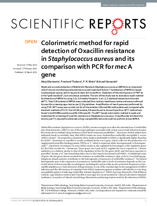 Pdf Colorimetric Method For Rapid Detection Of Oxacillin Resistance In Staphylococcus Aureus