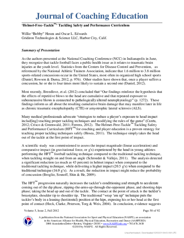 (PDF) ‘Helmet-Free-Tackle™’ Tackling Safety and Performance Curriculum