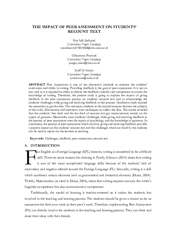 (PDF) The Impact of Peer Assessment on Students’ Recount Text