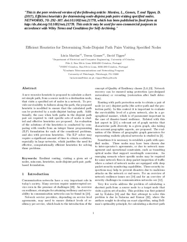 Pdf Efficient Heuristics For Determining Node Disjoint Path Pairs Visiting Specified Nodes