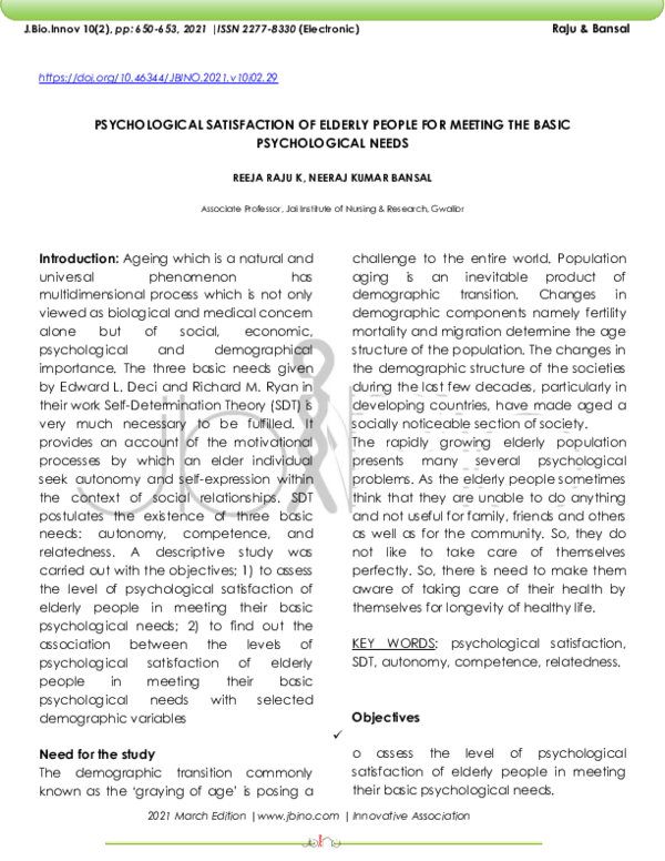 Pdf Psychological Satisfaction Of Elderly People For Meeting The Basic Psychological Needs