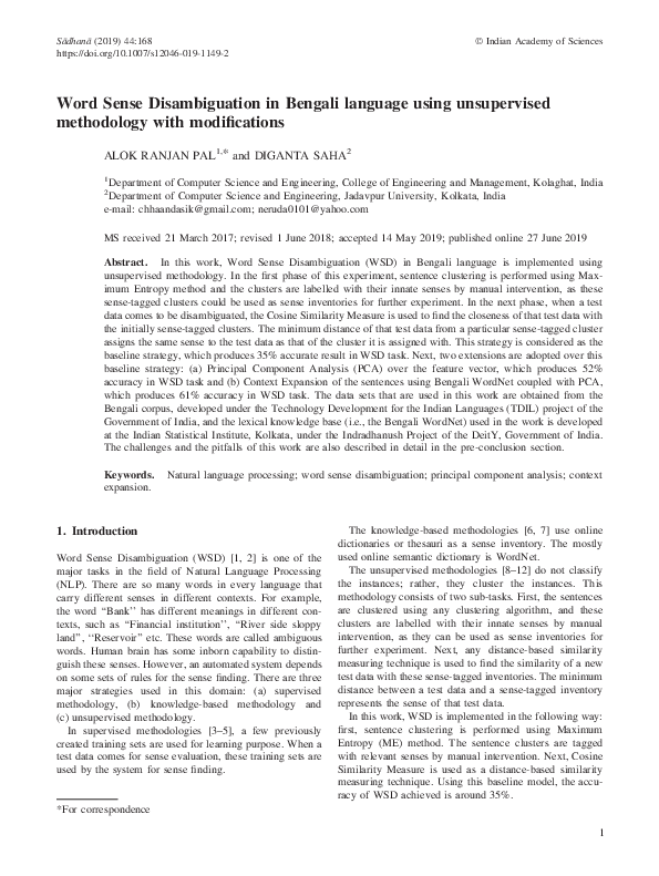 (PDF) Word Sense Disambiguation in Bengali language using unsupervised ...