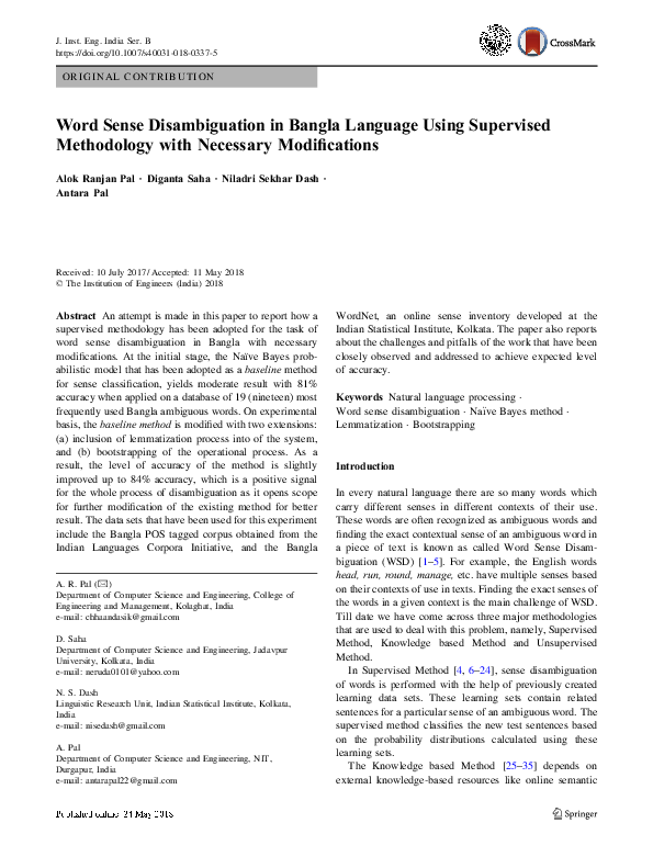 Pdf Word Sense Disambiguation In Bangla Language Using Supervised Methodology With Necessary