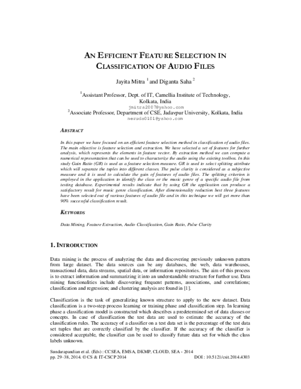 Pdf An Efficient Feature Selection In Classification Of Audio Files