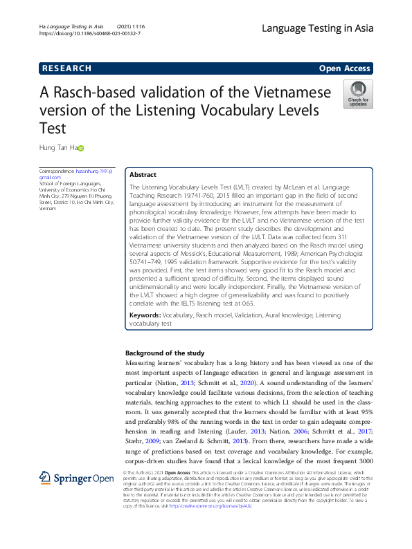 (PDF) A Rasch-based validation of the Vietnamese version of the ...