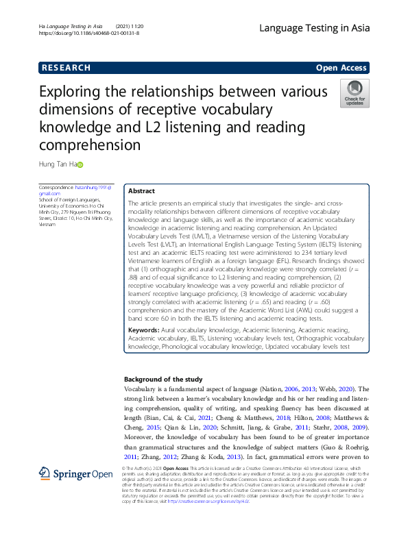 (PDF) Exploring the relationships between various dimensions of receptive vocabulary knowledge ...