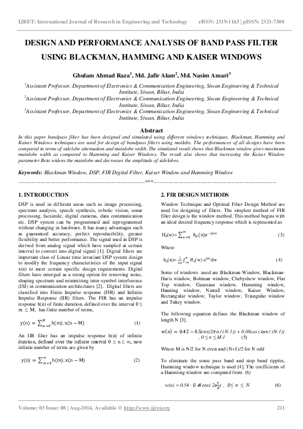 (PDF) Design and Performance Analysis of Band Pass Filter Using Blackman, Hamming and Kaiser Windows