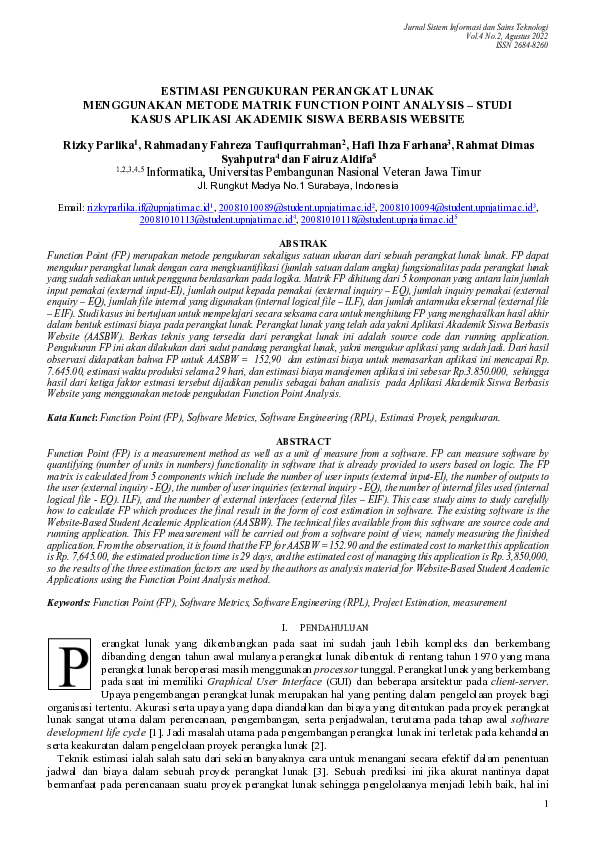 (PDF) Estimasi Pengukuran Perangkat Lunak Menggunakan Metode Matrik Function Point Analysis ...
