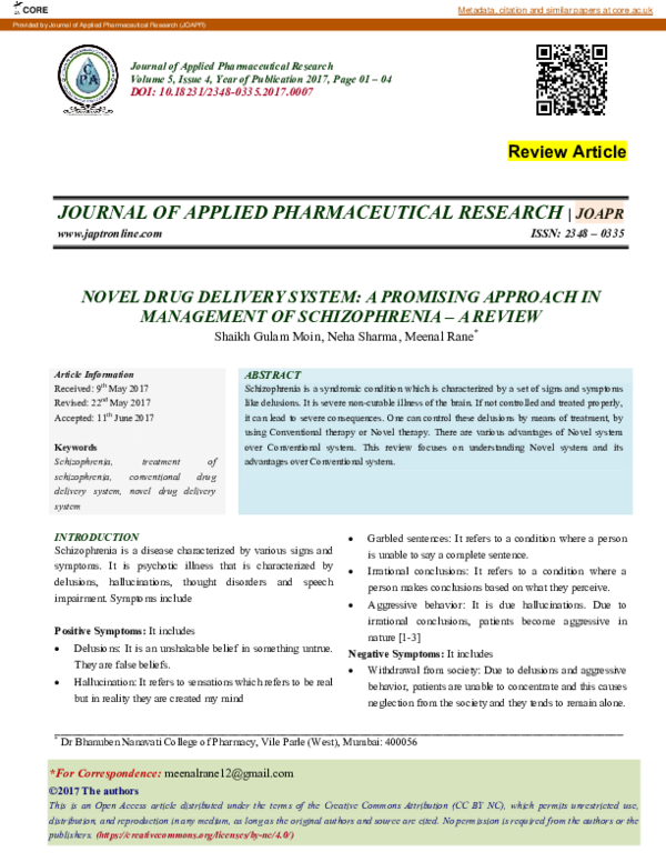 (PDF) Novel drug delivery system: a promising approach in management of schizophrenia – A review