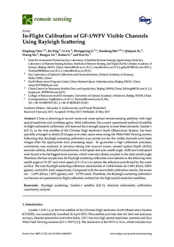(PDF) In-Flight Calibration of GF-1/WFV Visible Channels Using Rayleigh Scattering