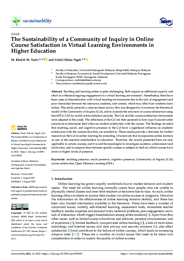 (PDF) The Sustainability of a Community of Inquiry in Online Course Satisfaction in Virtual ...