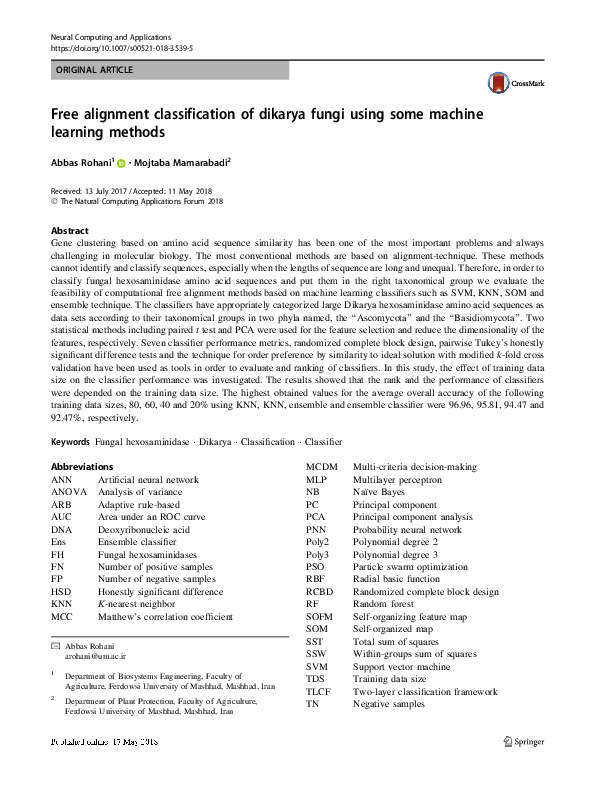 (PDF) Free alignment classification of dikarya fungi using some machine learning methods