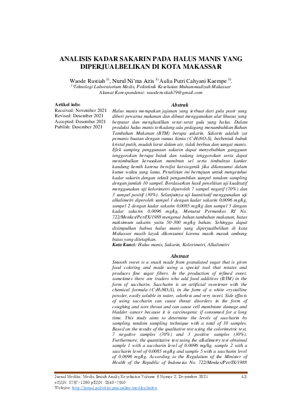 (PDF) Analisis Kadar Sakarin Pada Halus Manis Yang Diperjualbelikan DI ...